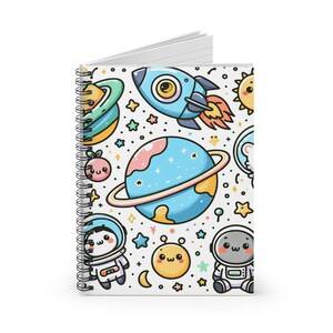 Space Theme Spiral Notebook - Kawaii Planets, Smiling Rockets, Cute ...