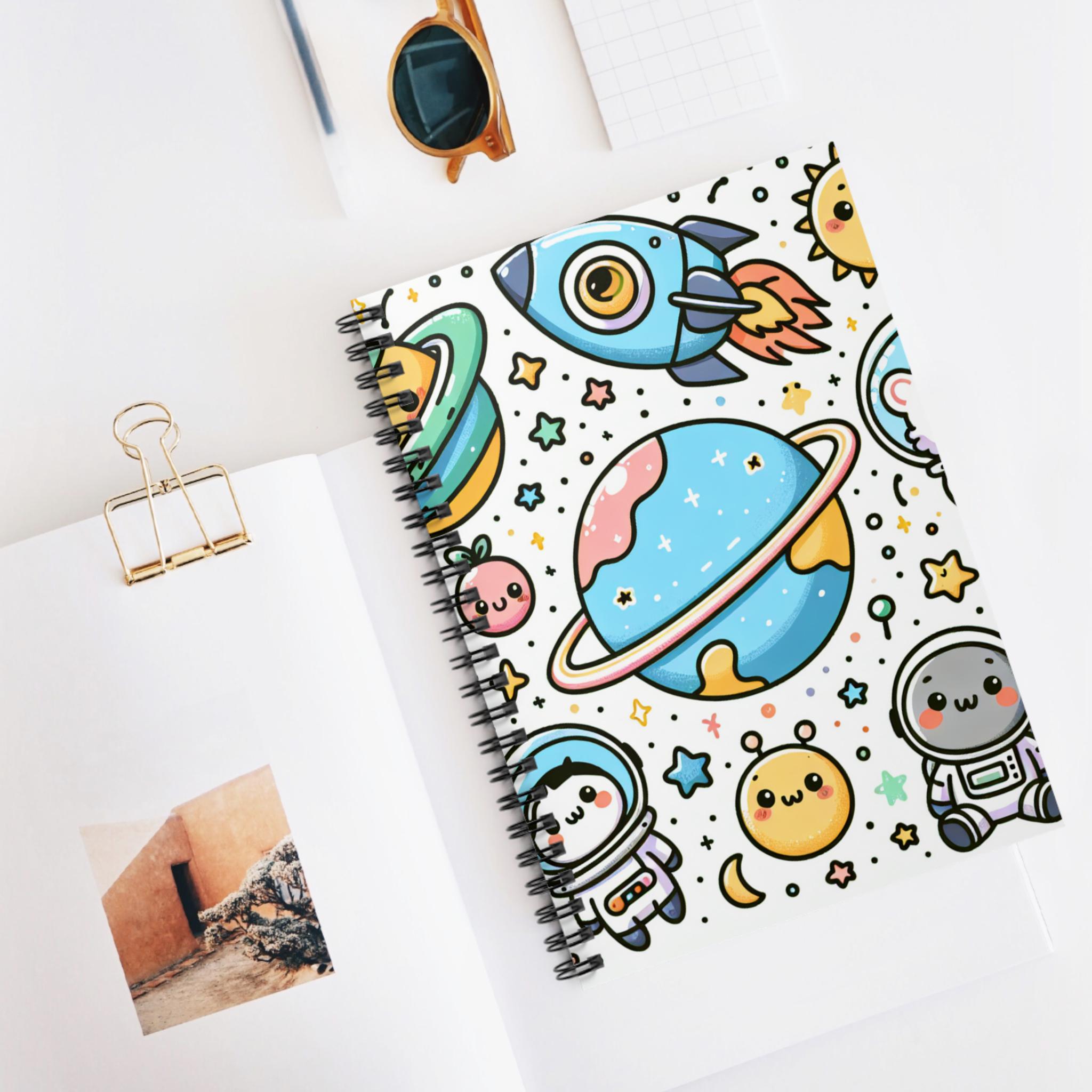 Space Theme Spiral Notebook - Kawaii Planets, Smiling Rockets, Cute ...