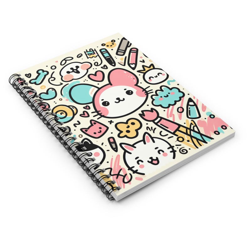 Cute Animal Faces Spiral Notebook - Ruled Line, Kawaii Illustrations ...