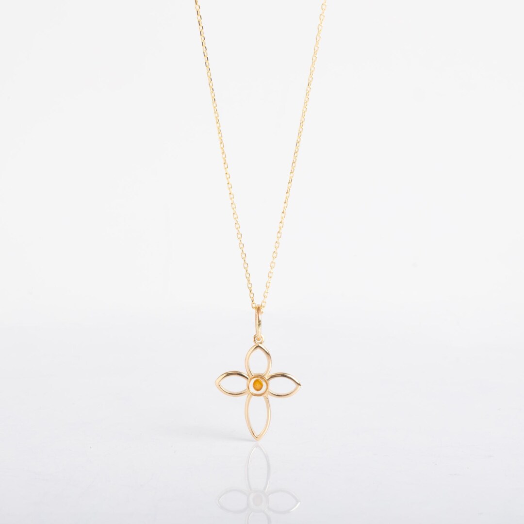 14k/18k Solid Gold Budded Cross Pendant Necklace With Mustard Seed ...