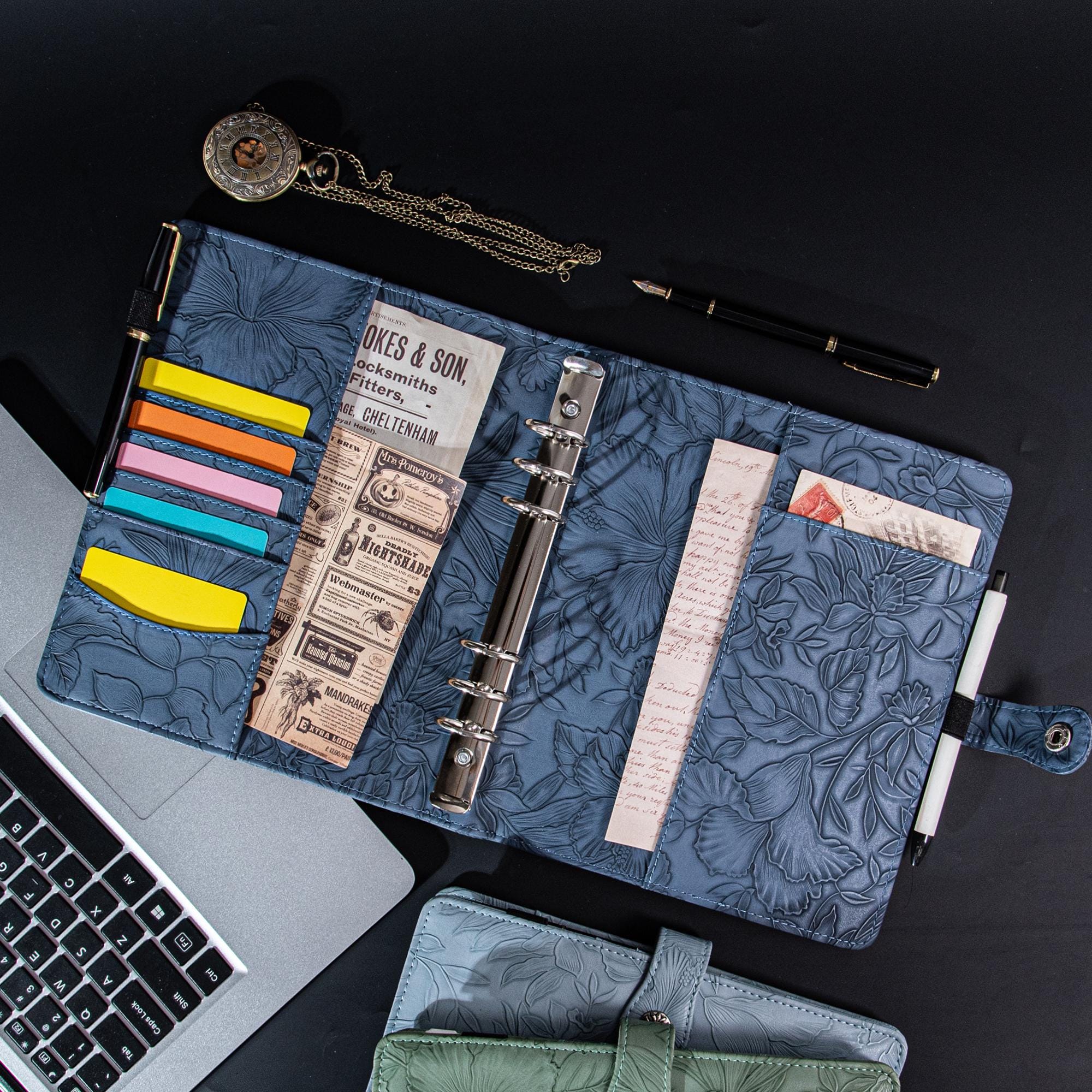 Personalized Name&logo Blue Leather Folio With Button, 6-ring Binder ...