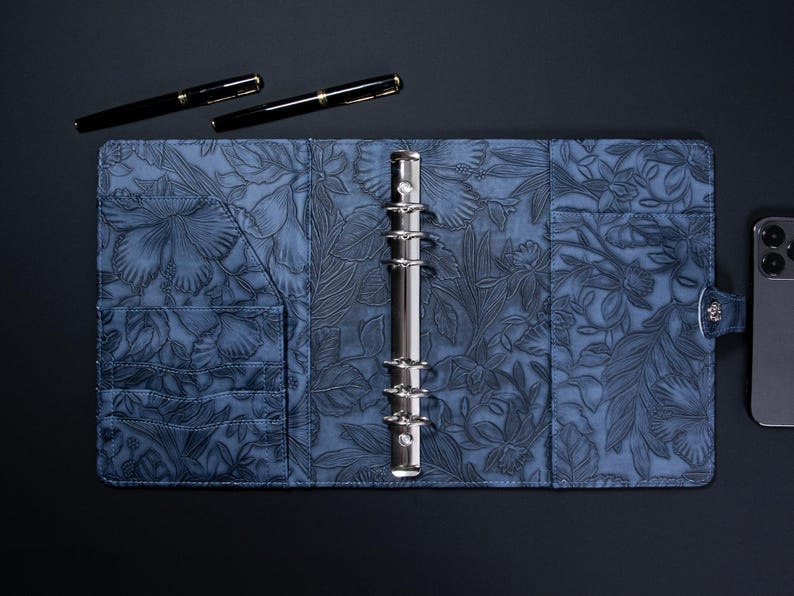 Personalized Name&logo Blue Leather Folio With Button, 6-ring Binder ...