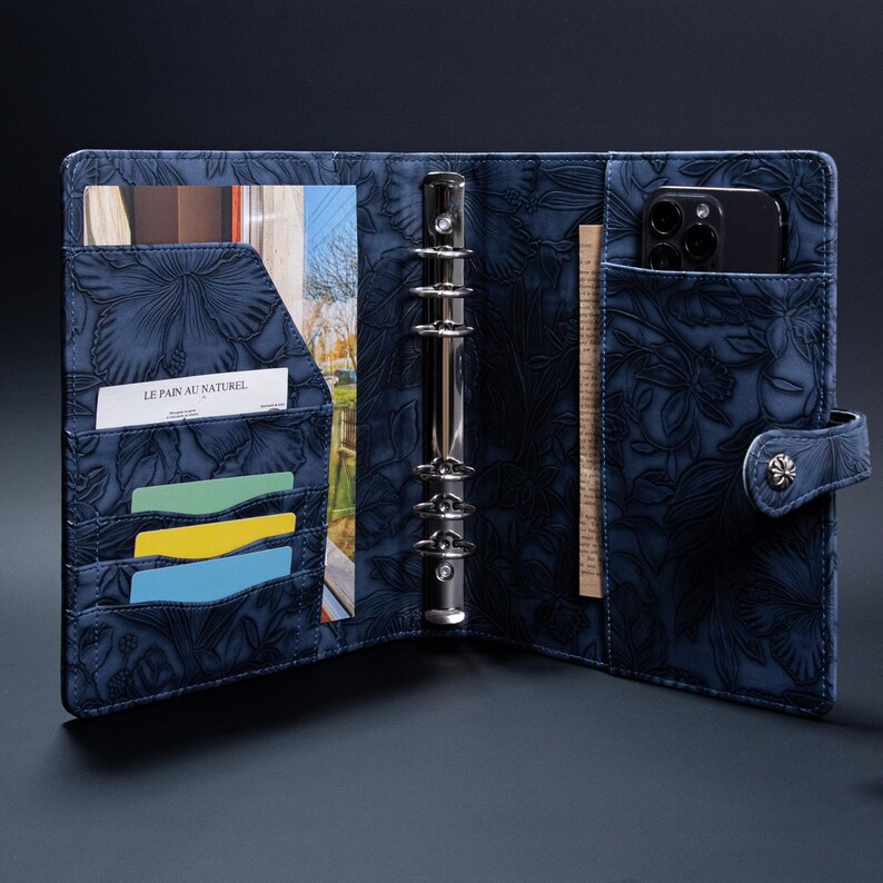 Personalized Name&logo Blue Leather Folio With Button, 6-ring Binder ...