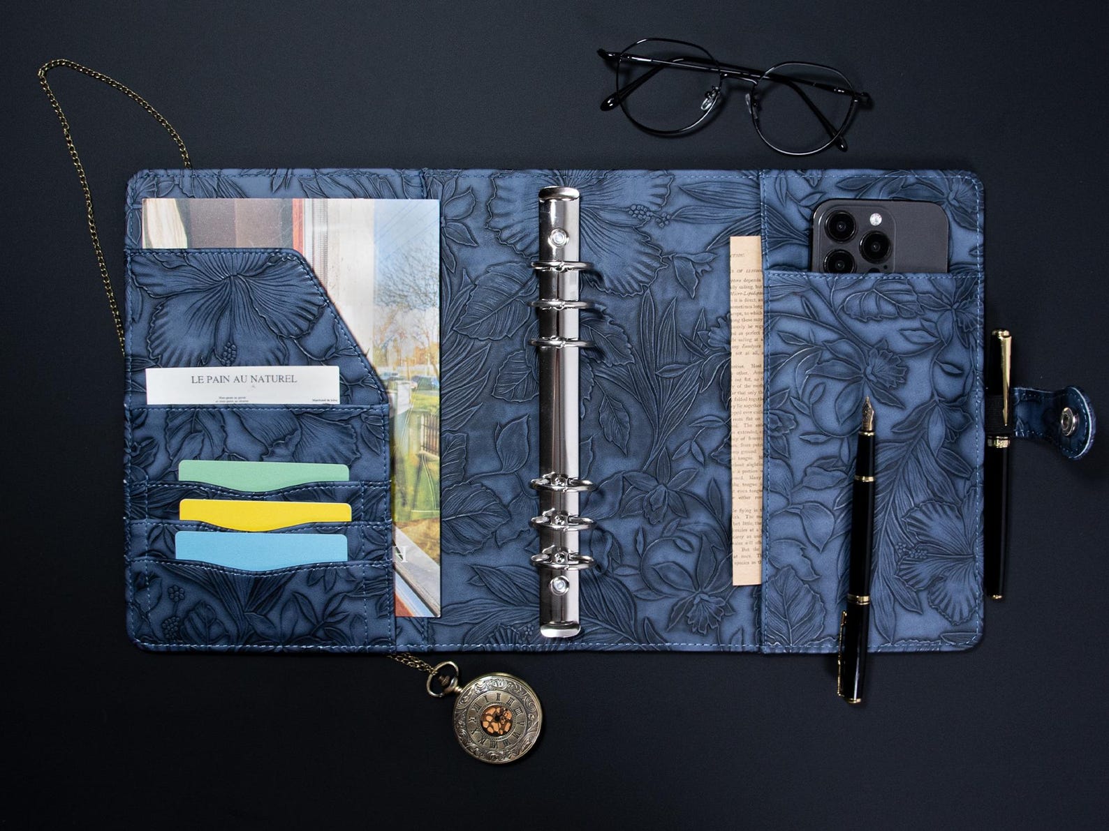 Personalized Name&logo Blue Leather Folio With Button, 6-ring Binder ...