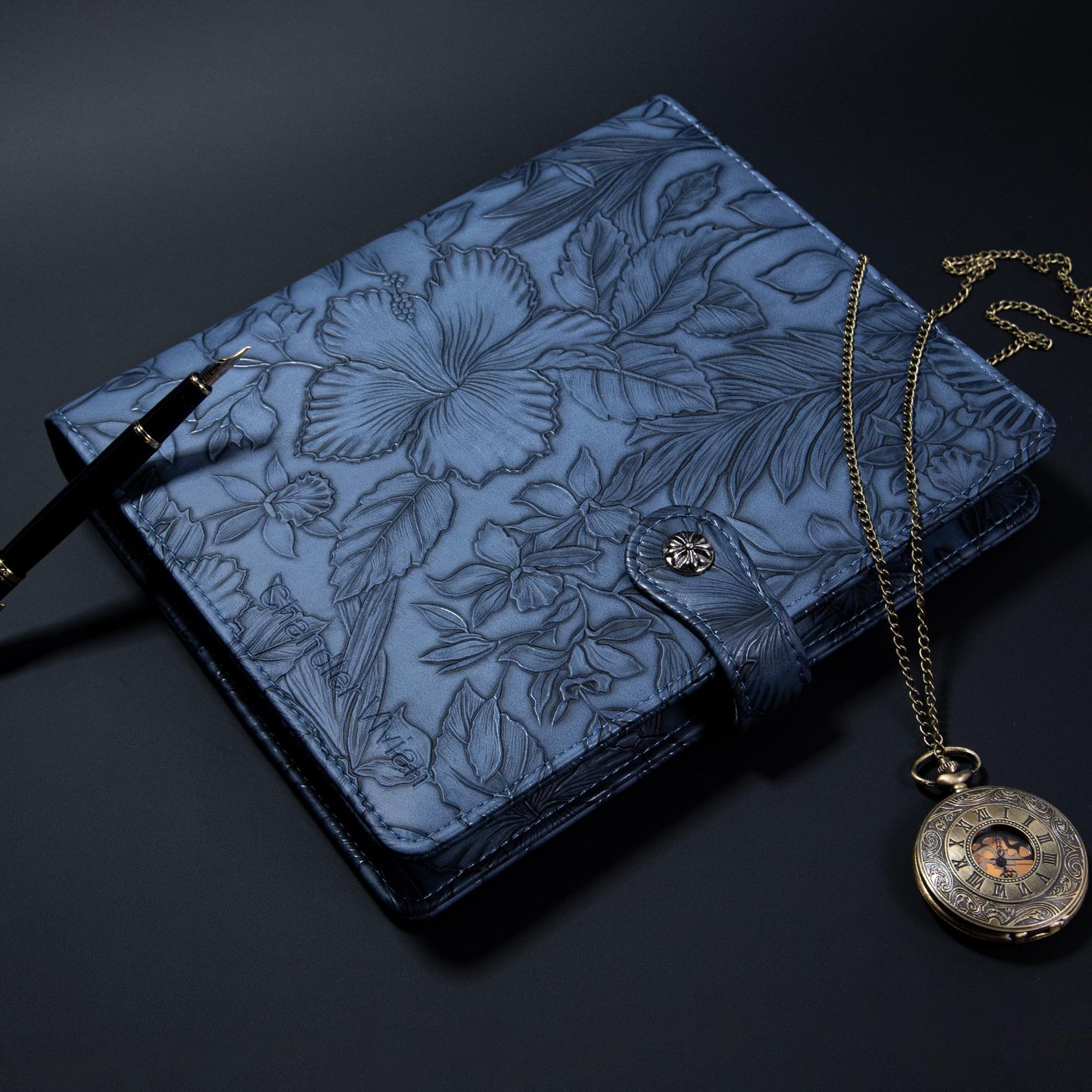 Personalized Name&logo Blue Leather Folio With Button, 6-ring Binder ...