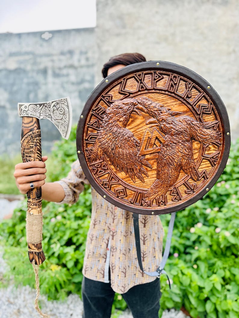 Custom Viking Raven Shield & Axe Set | Medieval Round Shield | Viking ...