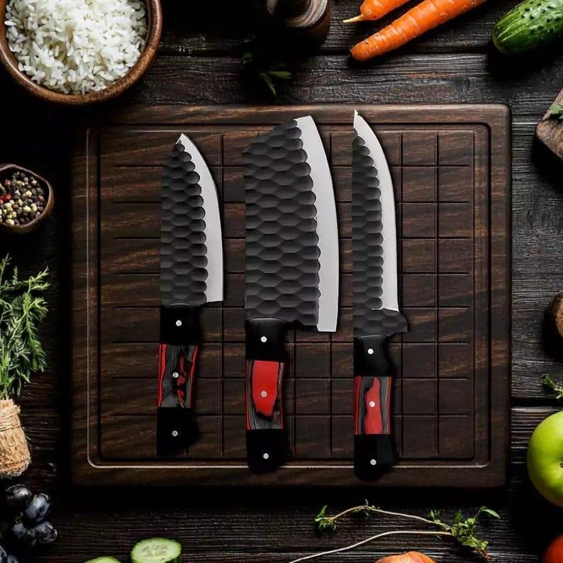 Professional Chef Knife Set | Textured Blade Kitchen Knives | Red and ...