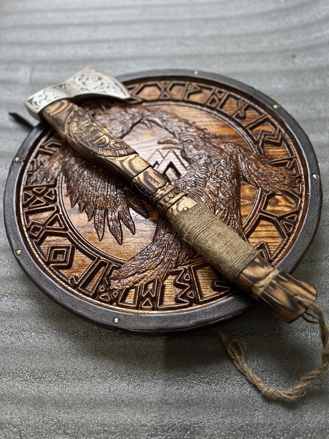 Custom Viking Raven Shield & Axe Set | Medieval Round Shield | Viking ...
