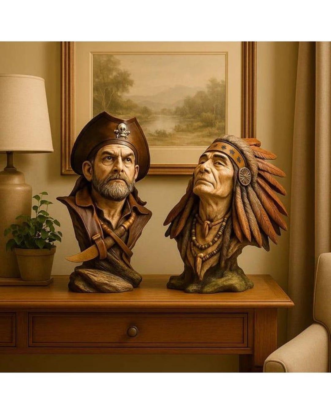 Handmade Pirate & Native American Statue Set: Cultural Decor - Etsy