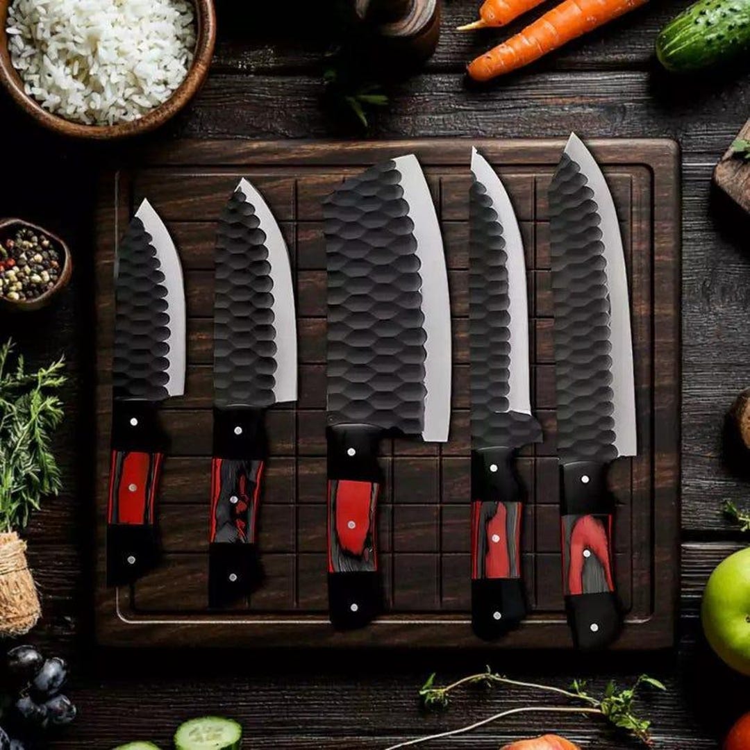 Professional Chef Knife Set | Textured Blade Kitchen Knives | Red and ...