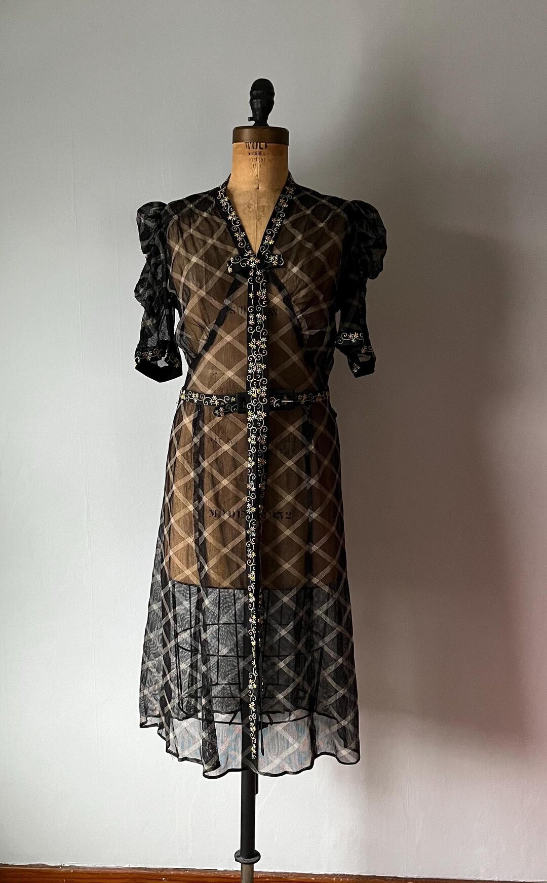 Vintage 1930s 1940s Sheer Floral Embroidered and Grid Dress - Etsy