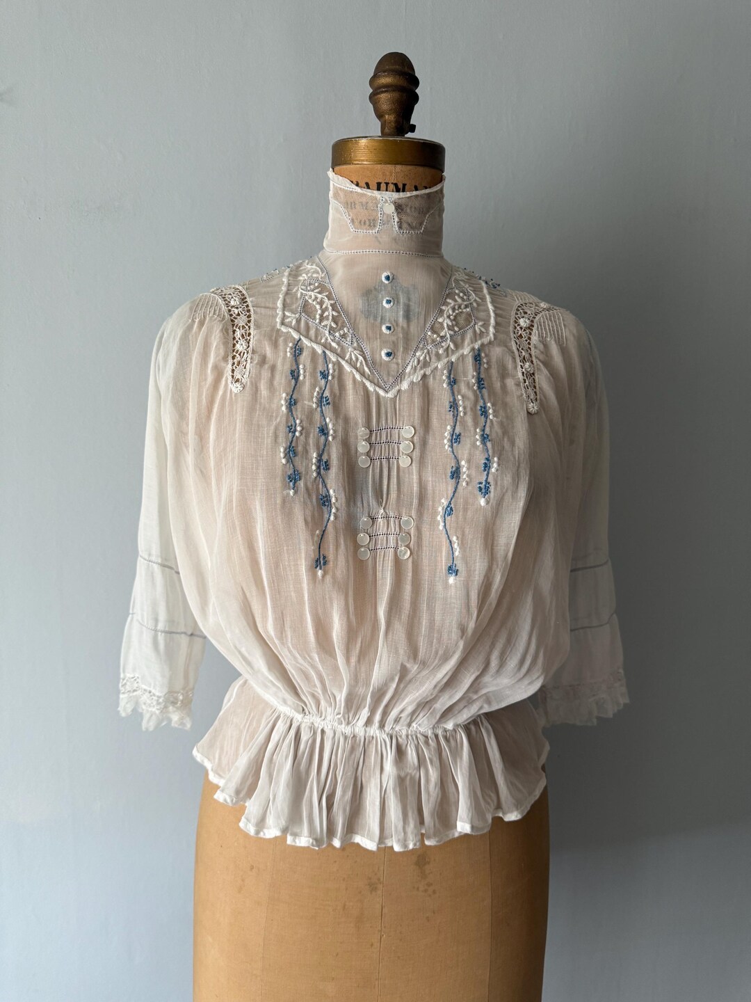 Antique Edwardian 1900 Blue and White Embroidered Blouse - Etsy