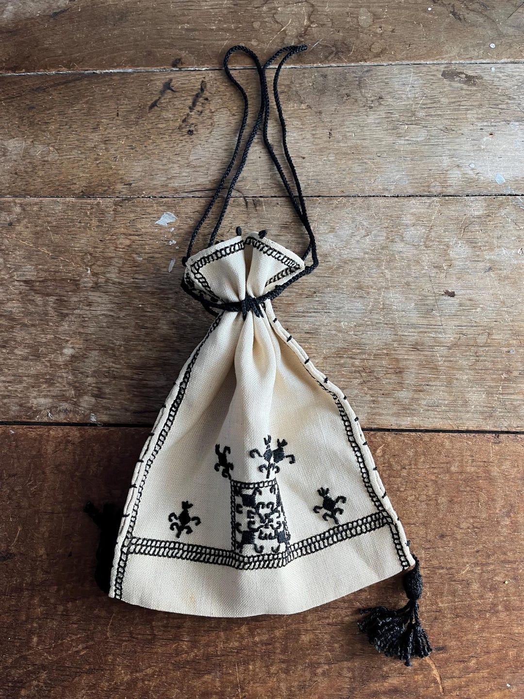 Antique Edwardian Linen and Black Embroidered Drawstring Bag - Etsy
