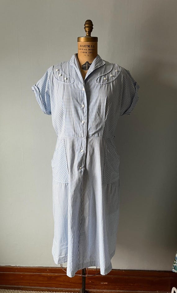 Vintage 1940s 1950s Blue Gingham House Shirt Dress Co… - Gem