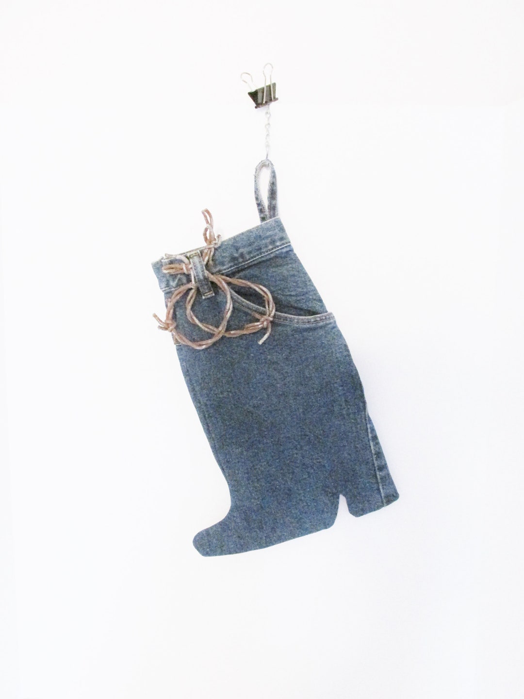 Christmas Cowboy Boot Stocking Holiday Bag Upcycled Denim Jeans NF120 ...