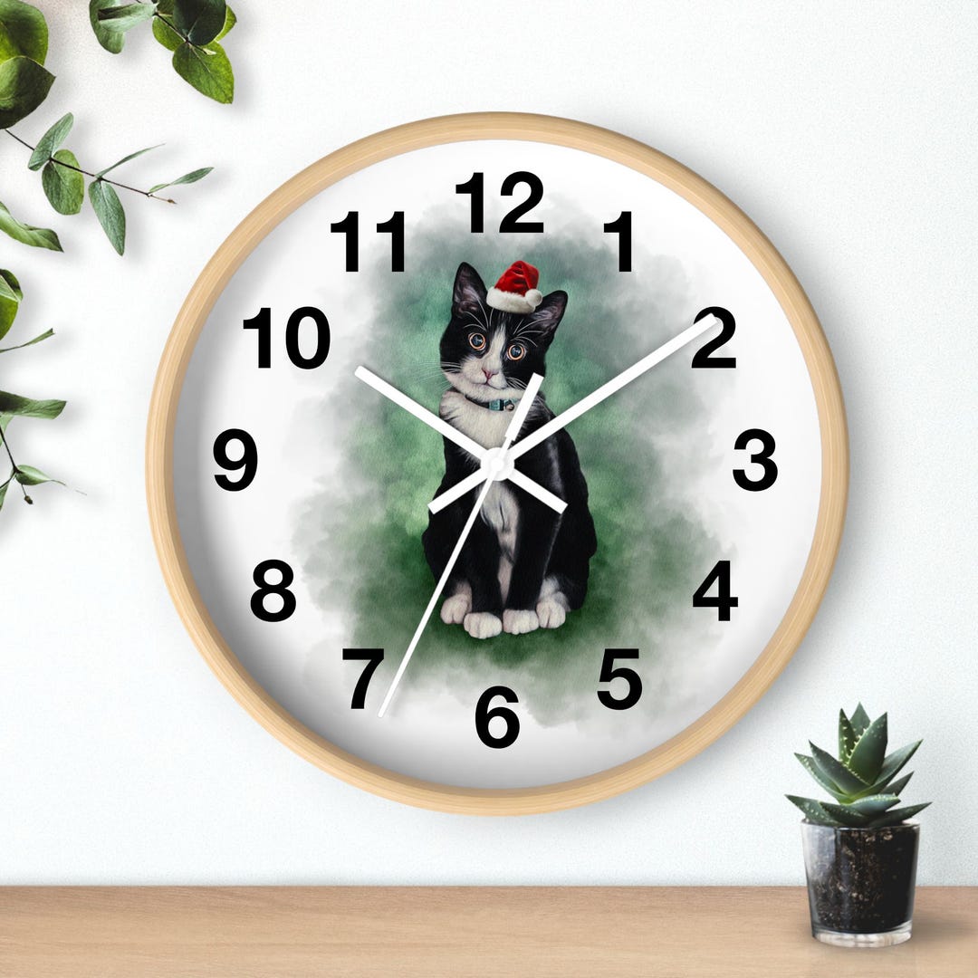 Christmas Tuxedo Cat Wall Clock 10-inch, Black and White Cat ...