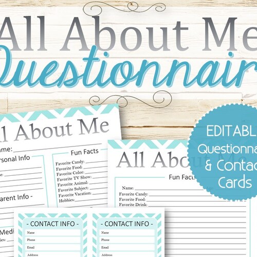 EDITABLE All About Me Questionnaires and Contact Info Cards | Etsy