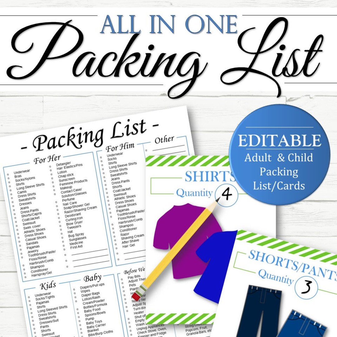 EDITABLE All-in-one Packing List With Kids Packing Cards - INSTANT ...