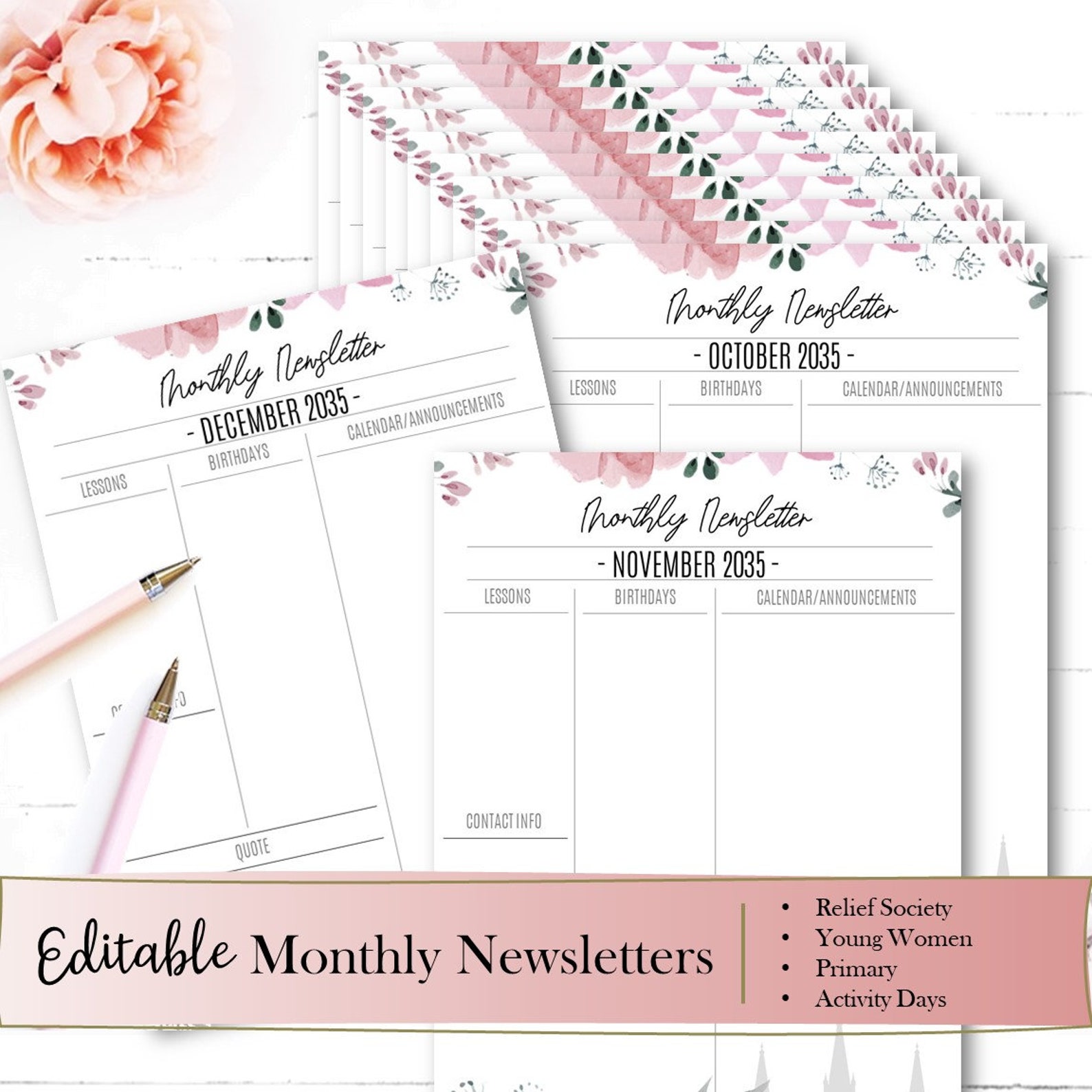 EDITABLE Newsletters for Relief Society, Young Women, Primary, Activity ...