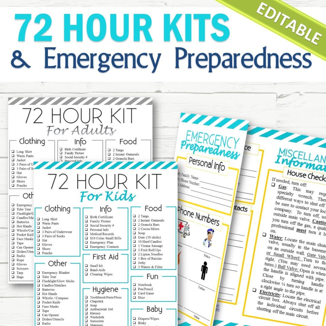 EDITABLE 72 Hour Kits and Family Emergency Plan - INSTANT DOWNLOAD - Etsy