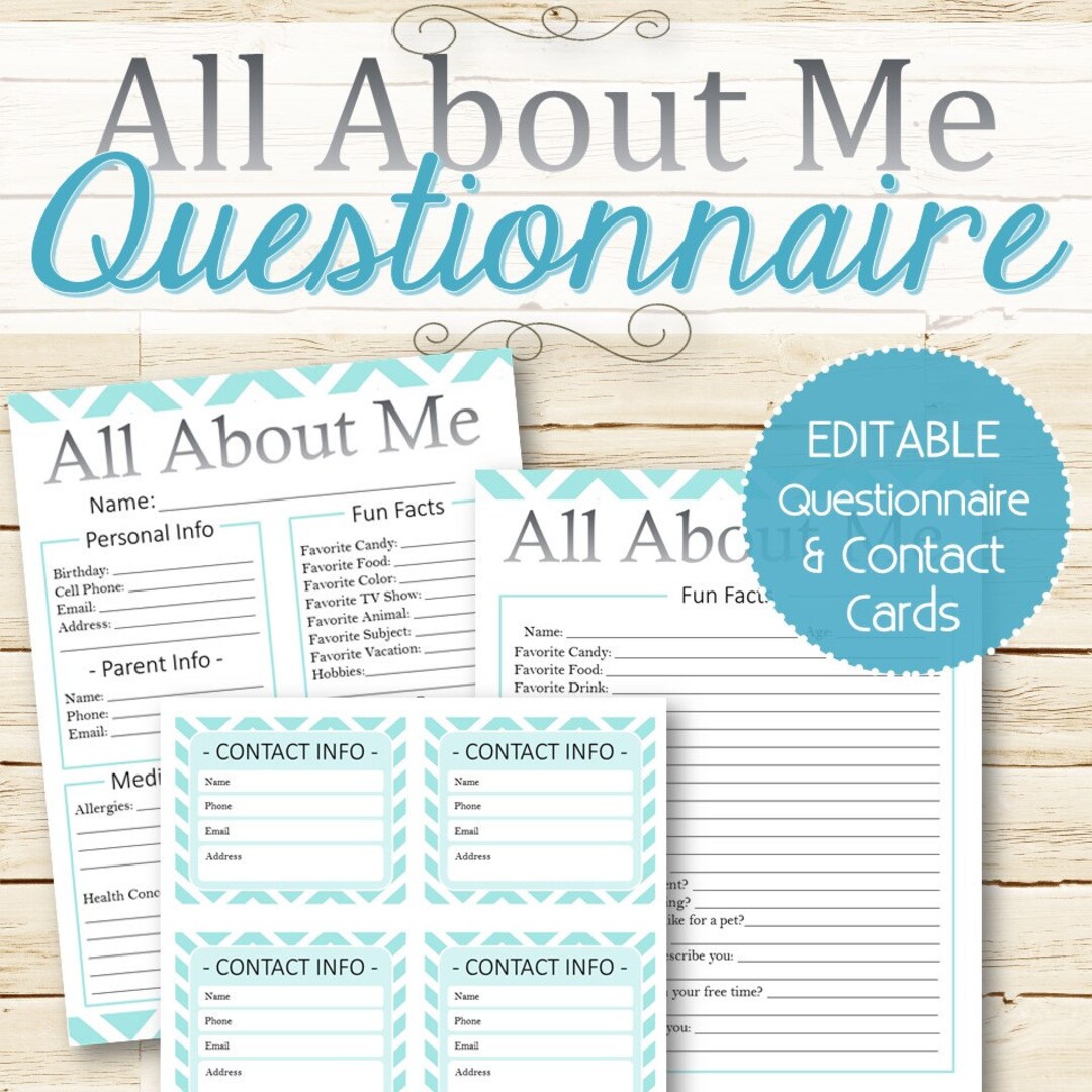 EDITABLE All About Me Questionnaires and Contact Info Cards - INSTANT ...