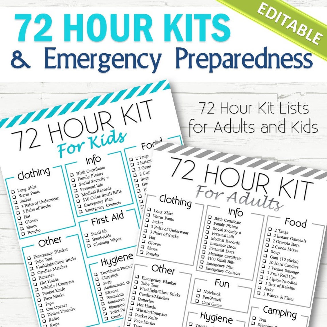 EDITABLE 72 Hour Kits and Family Emergency Plan INSTANT - Etsy
