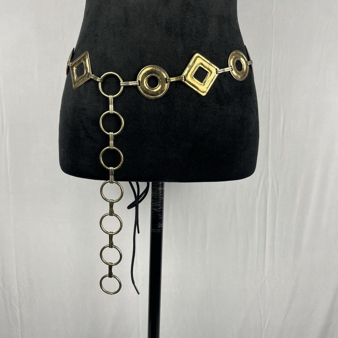 Vtg 60s 70s Chunky Metal Chain Belt XS-S Gold-tone Circles Diamonds Mod ...