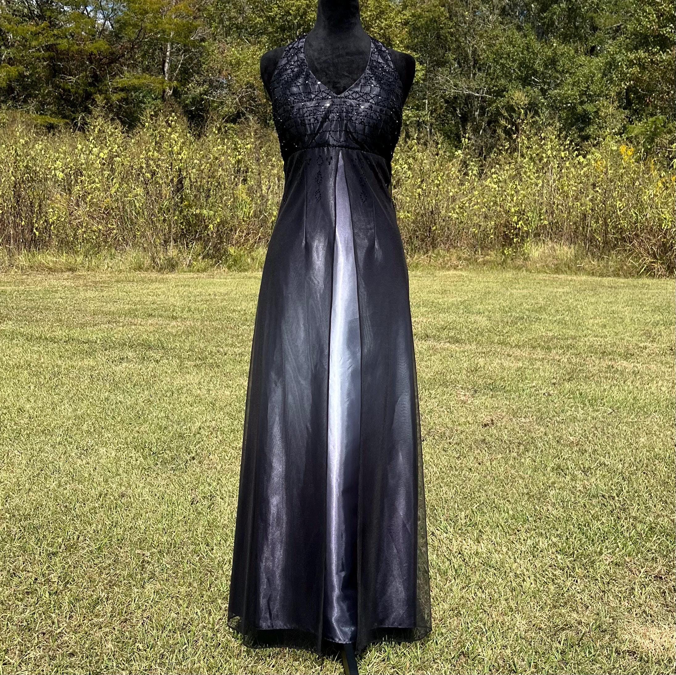 Vtg 90s Y2K Black Vampy Goth Silver Ombré Mesh Overlay Beaded Prom ...