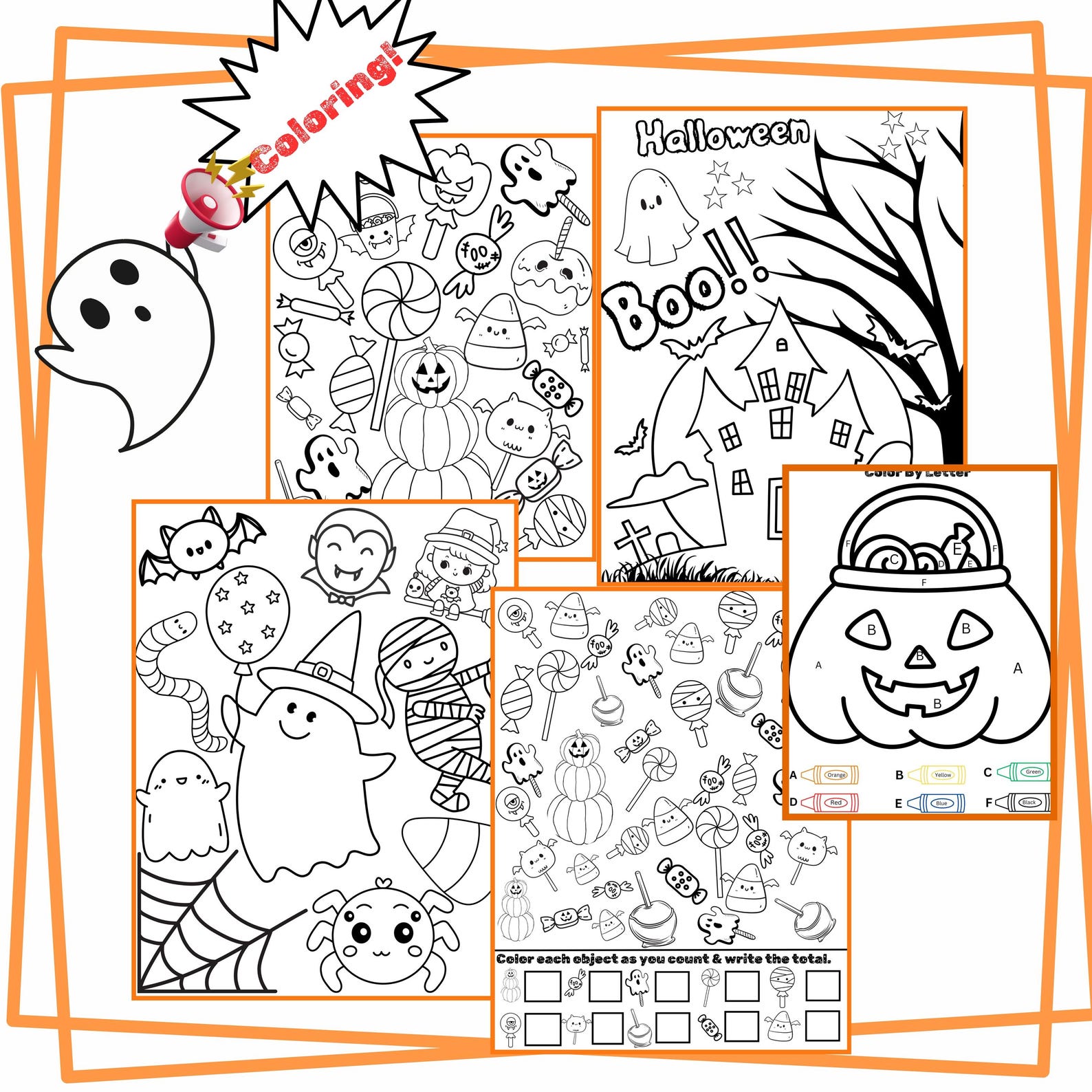 Printable Halloween Coloring Worksheets, Preschool or Kindergarten ...