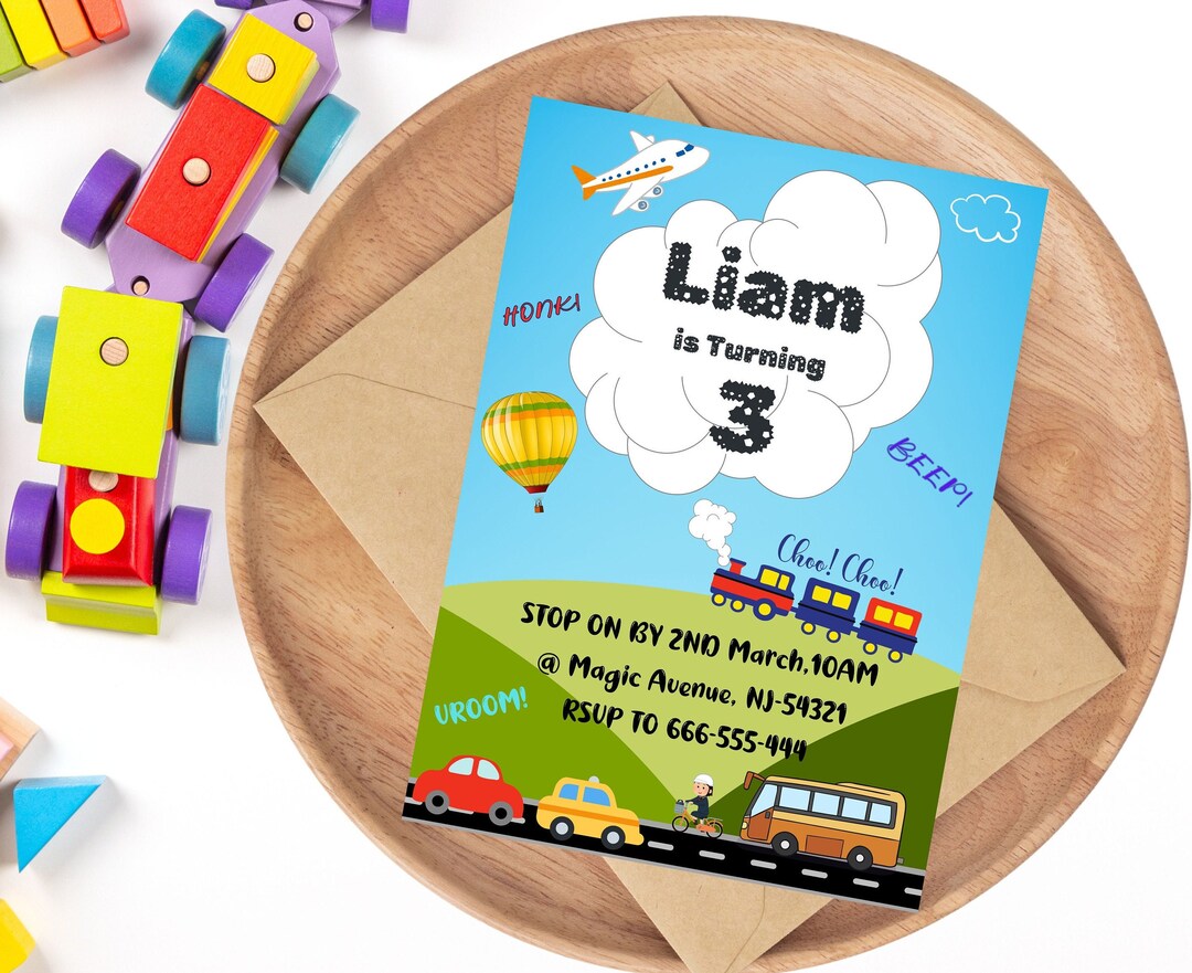 Kids Transportation Birthday Party Invitation, Cars Bike Train Plane ...