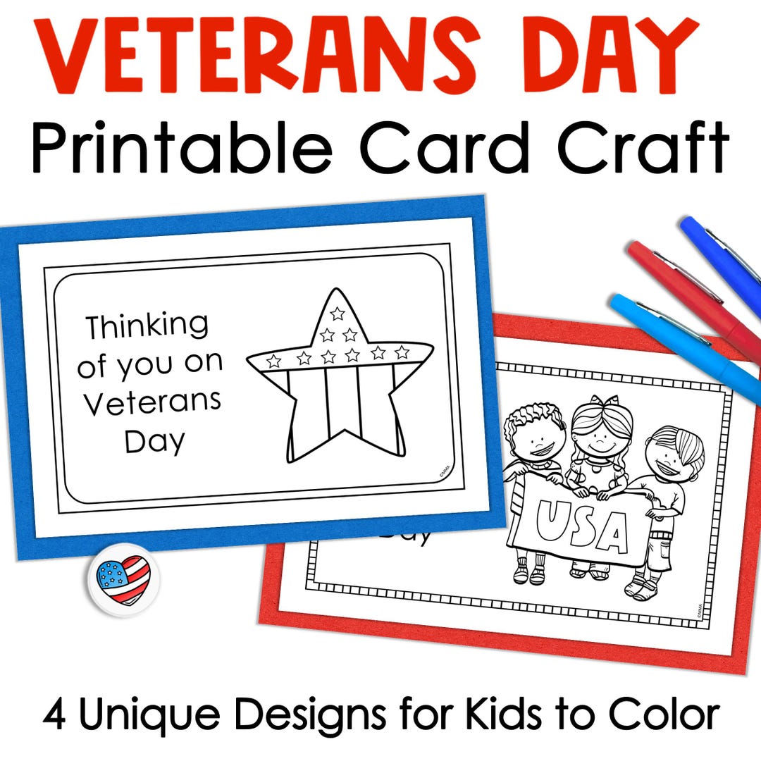 Veterans Day Printable Cards for Kids to Color, Classroom Card Craft ...