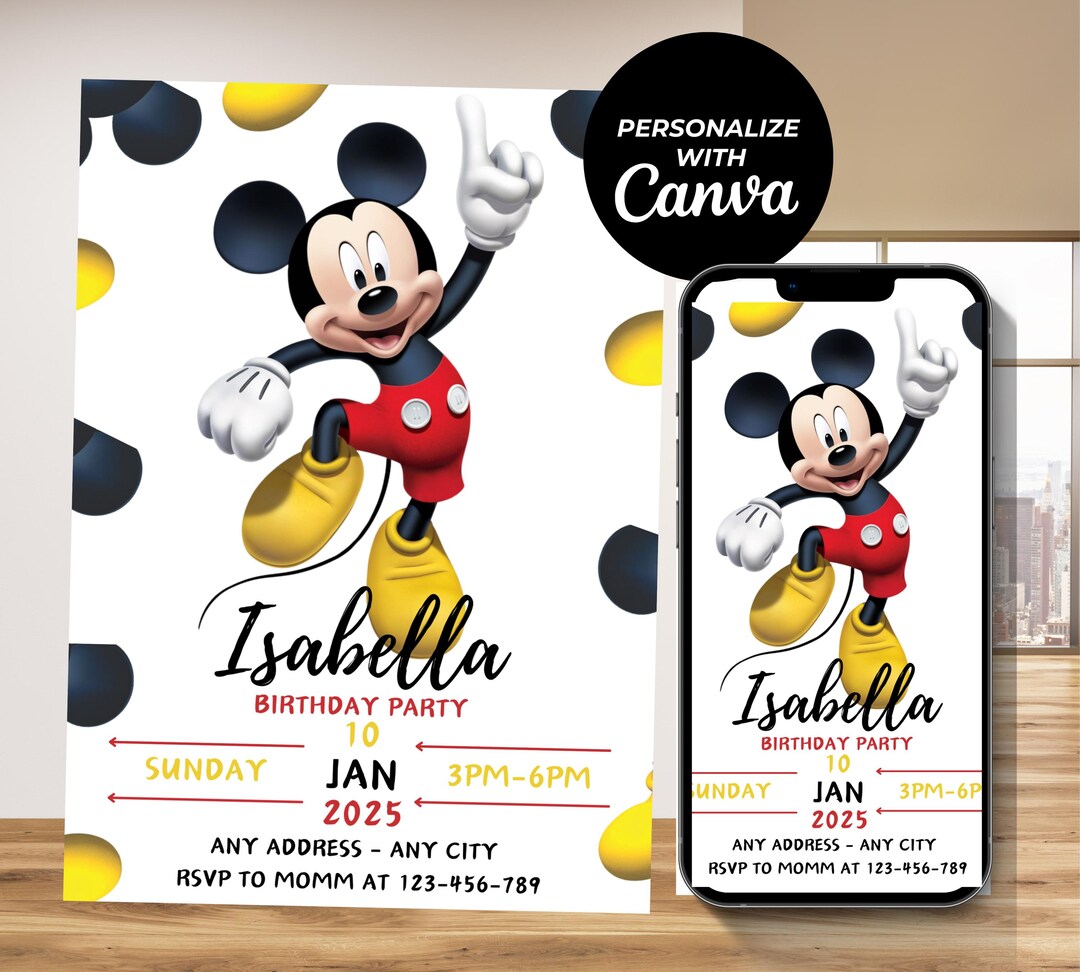 Mickey Mouse Birthday Invite, Disney Birthday Invite, Kids Birthday ...