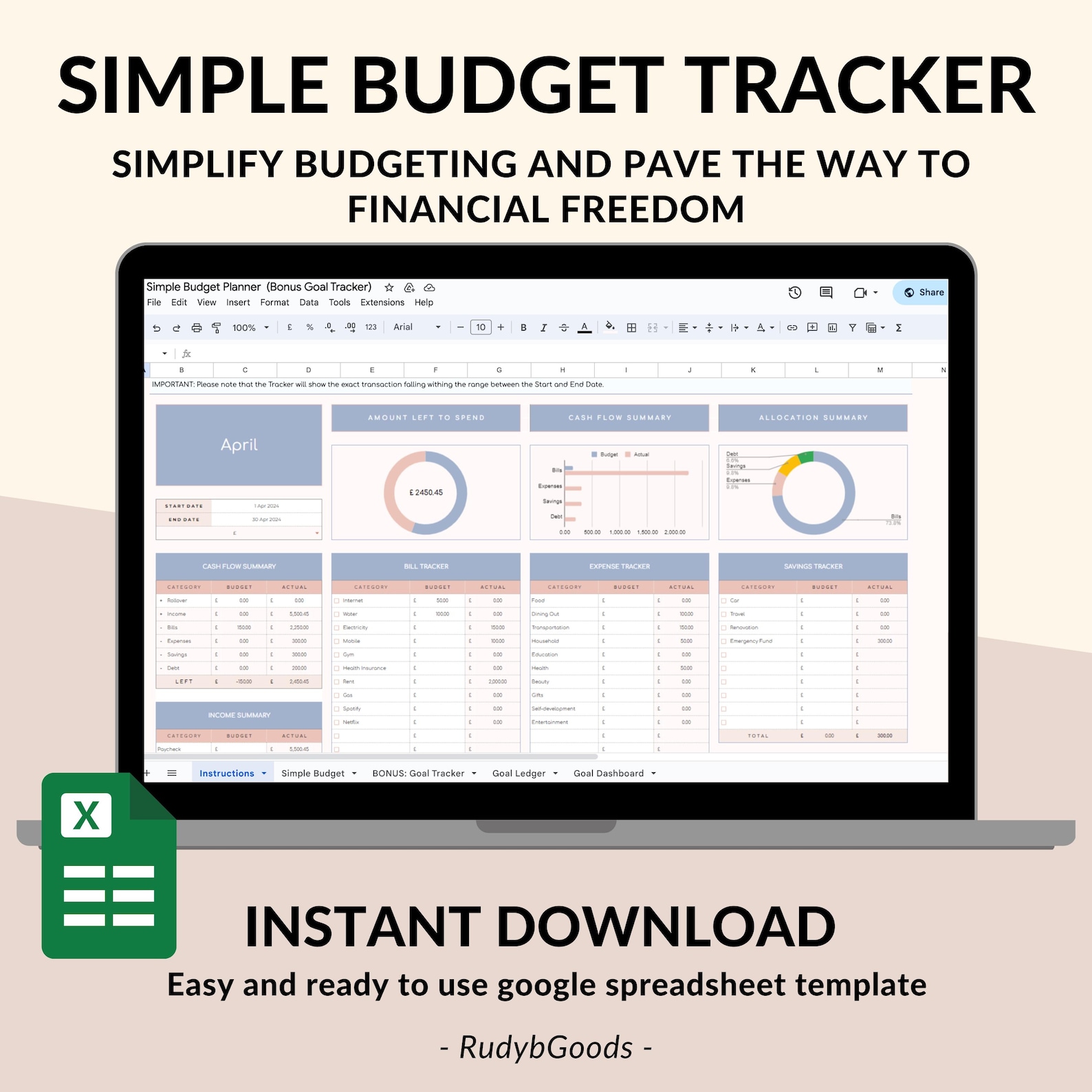 Simple Budget Spreadsheet Tracker, Budget Planner for Google Sheets ...