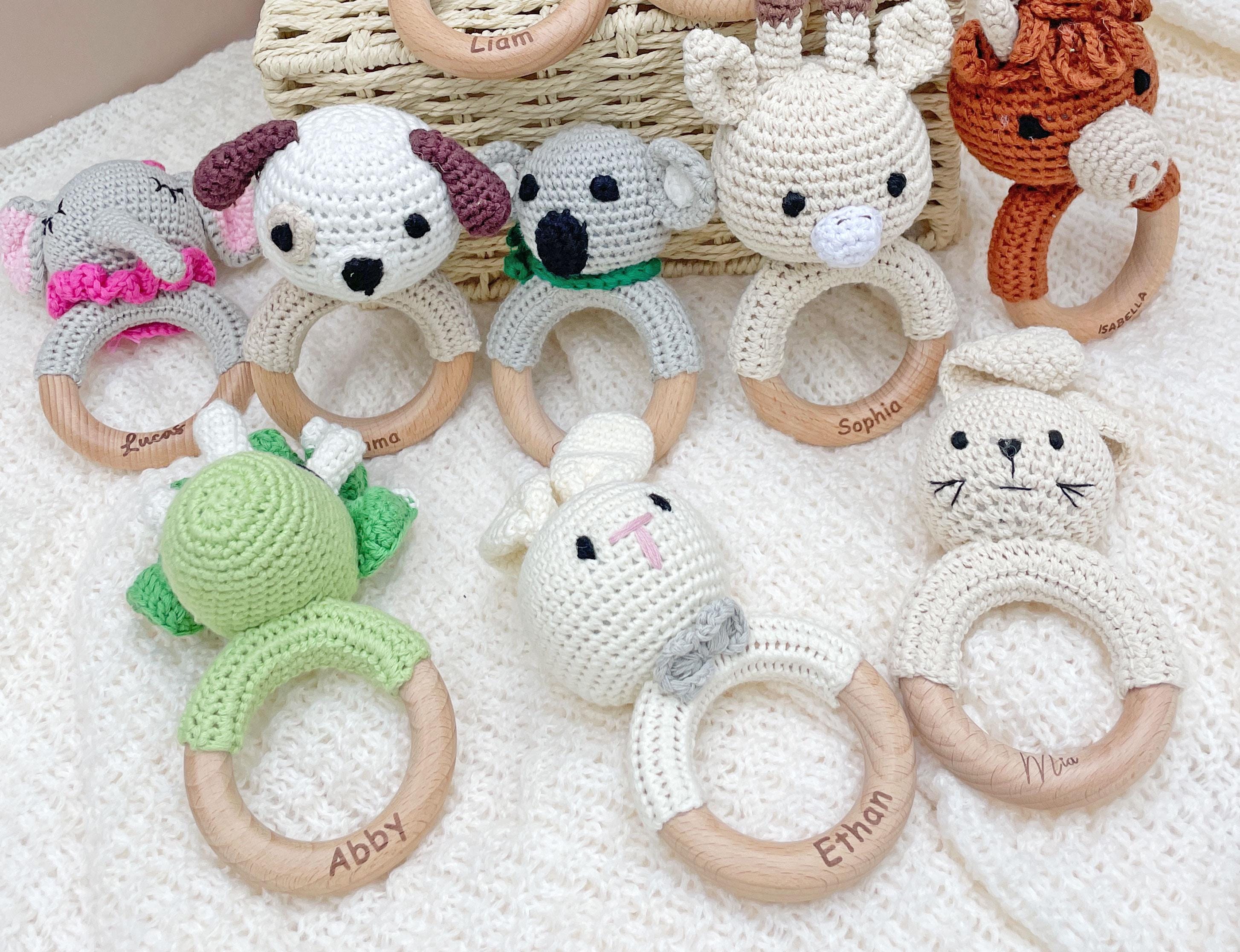 Crochet Toy Rattle for Babies, Personalized Wooden Rattle Ring for ...