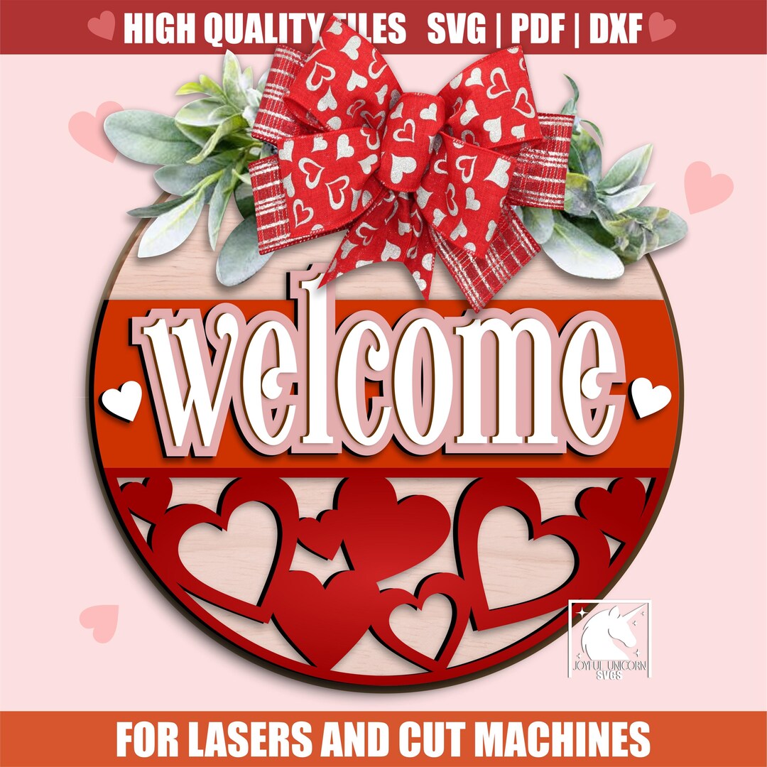 Valentine's Day Welcome Sign SVG, Hearts Door Hanger SVG, Love Wood ...