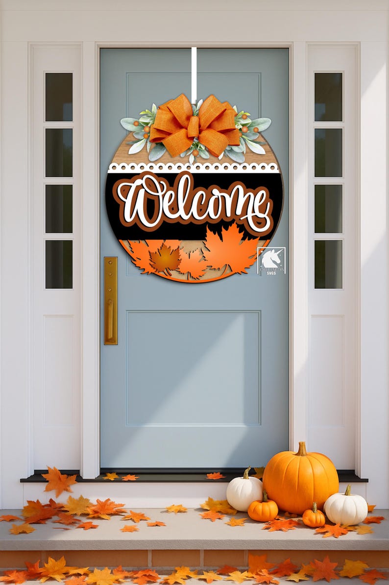 Fall Leaves Welcome Sign SVG, Maple Leaves Round Wooden Sign SVG, Fall ...