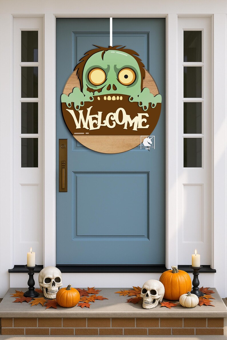 Zombie Face Welcome Sign SVG, Spooky Halloween Monster Door Hanger ...