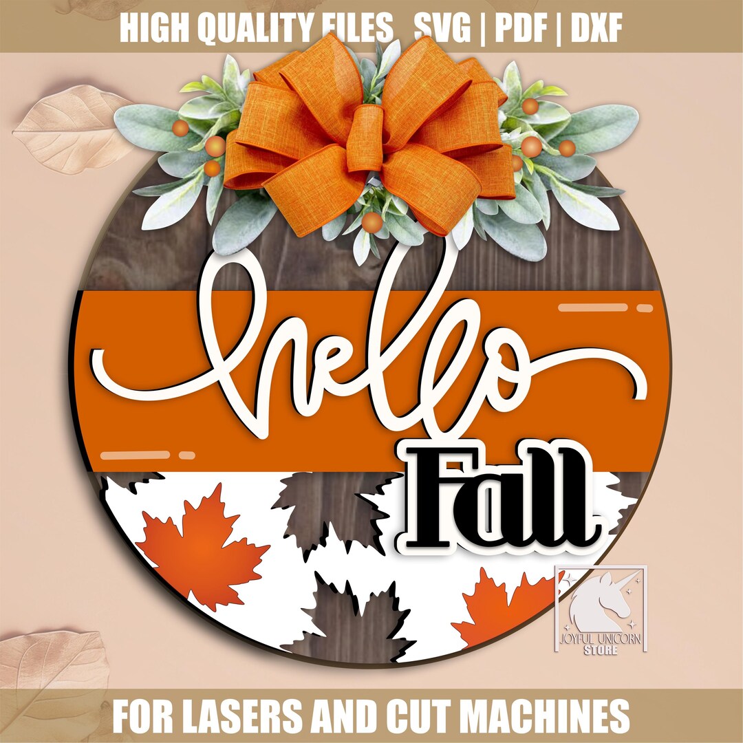 Hello Fall Leaves Door Hanger SVG, Maple Leaves Welcome Round Sign ...