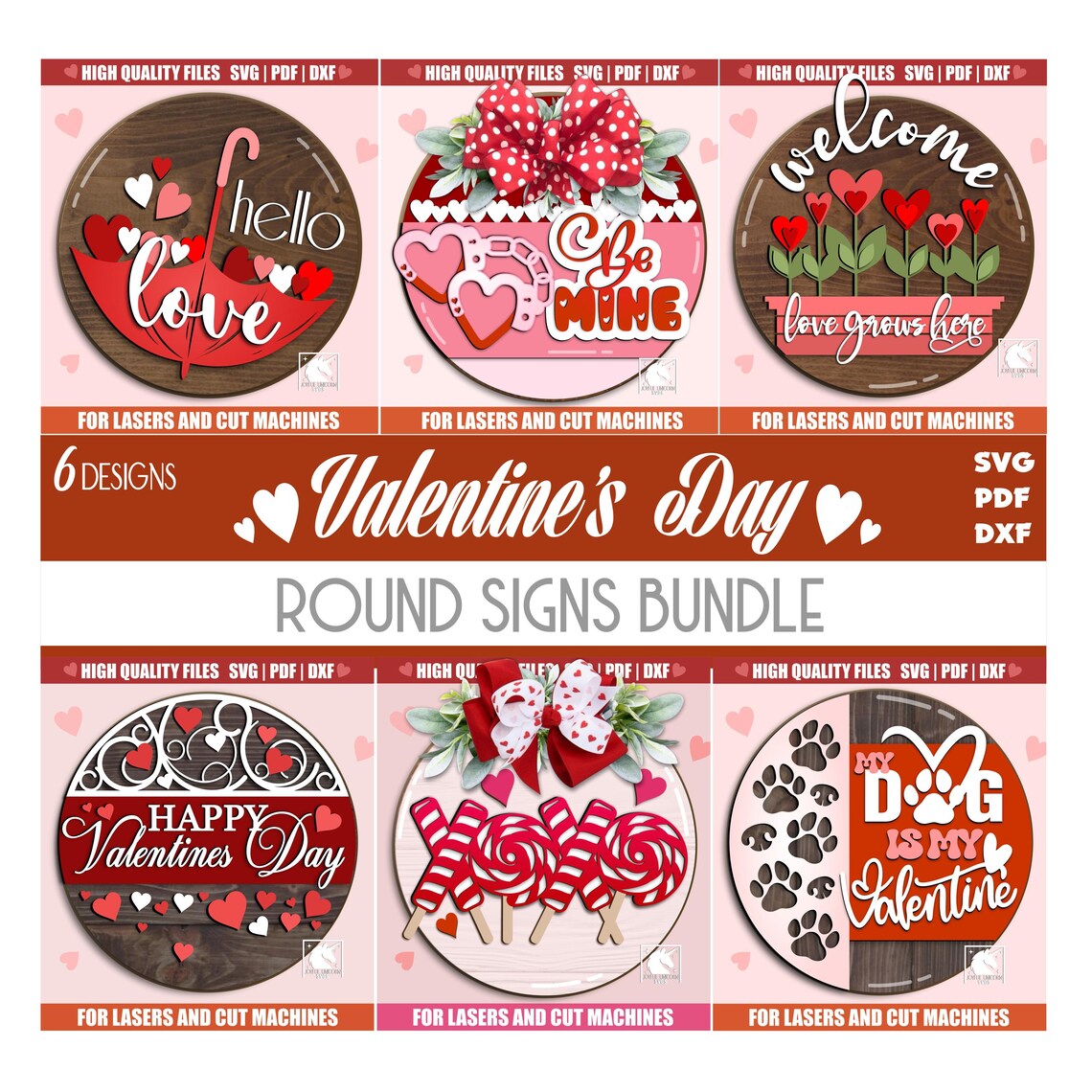 Valentine's Day Door Hangers SVG Bundle, Laser Cut Romantic Round Signs ...