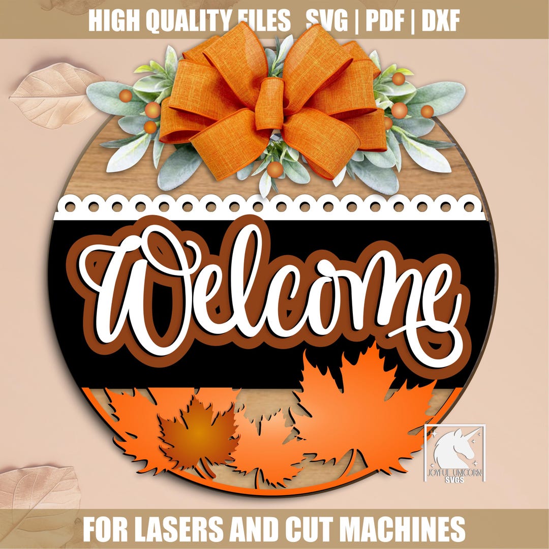 Fall Leaves Welcome Sign SVG, Maple Leaves Round Wooden Sign SVG, Fall ...
