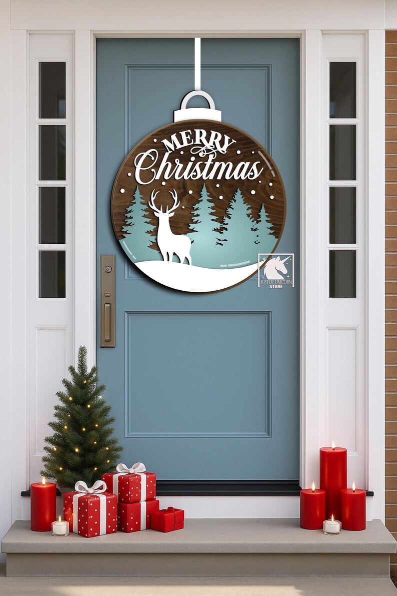 Merry Christmas Ball Door Hanger SVG, Christmas Deer Welcome Sign ...