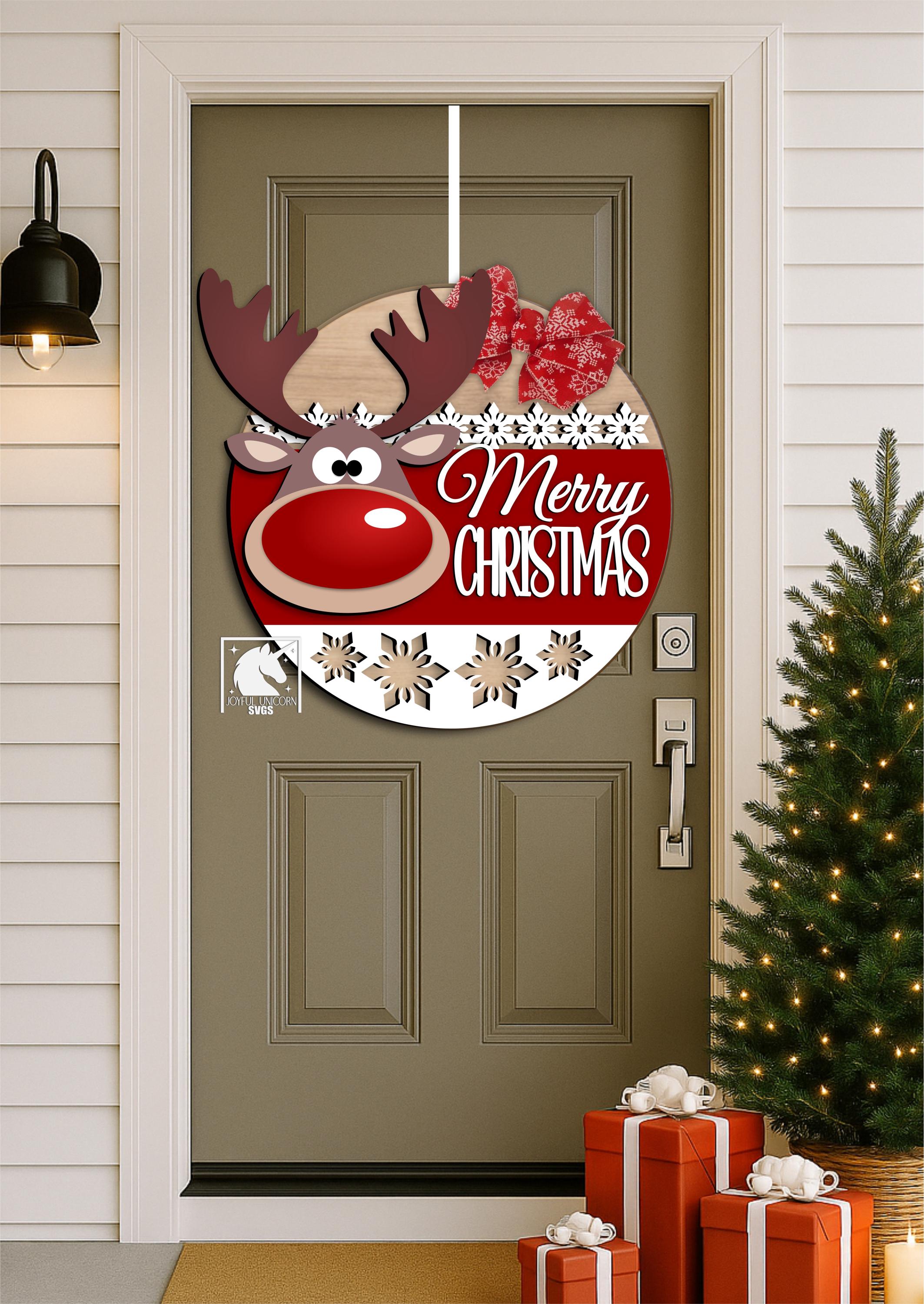 Merry Christmas Deer Door Hanger SVG, Christmas Reindeer Welcome Round ...