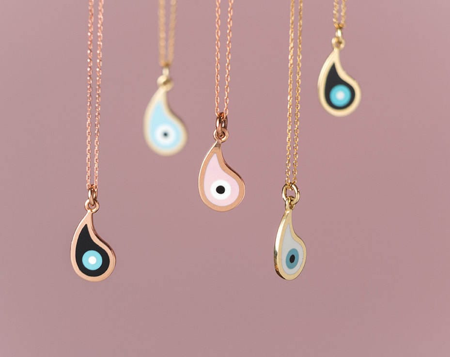 Evil Eye Necklace Solid Gold / 14k Enamel Teardrop Pendant / - Etsy Canada