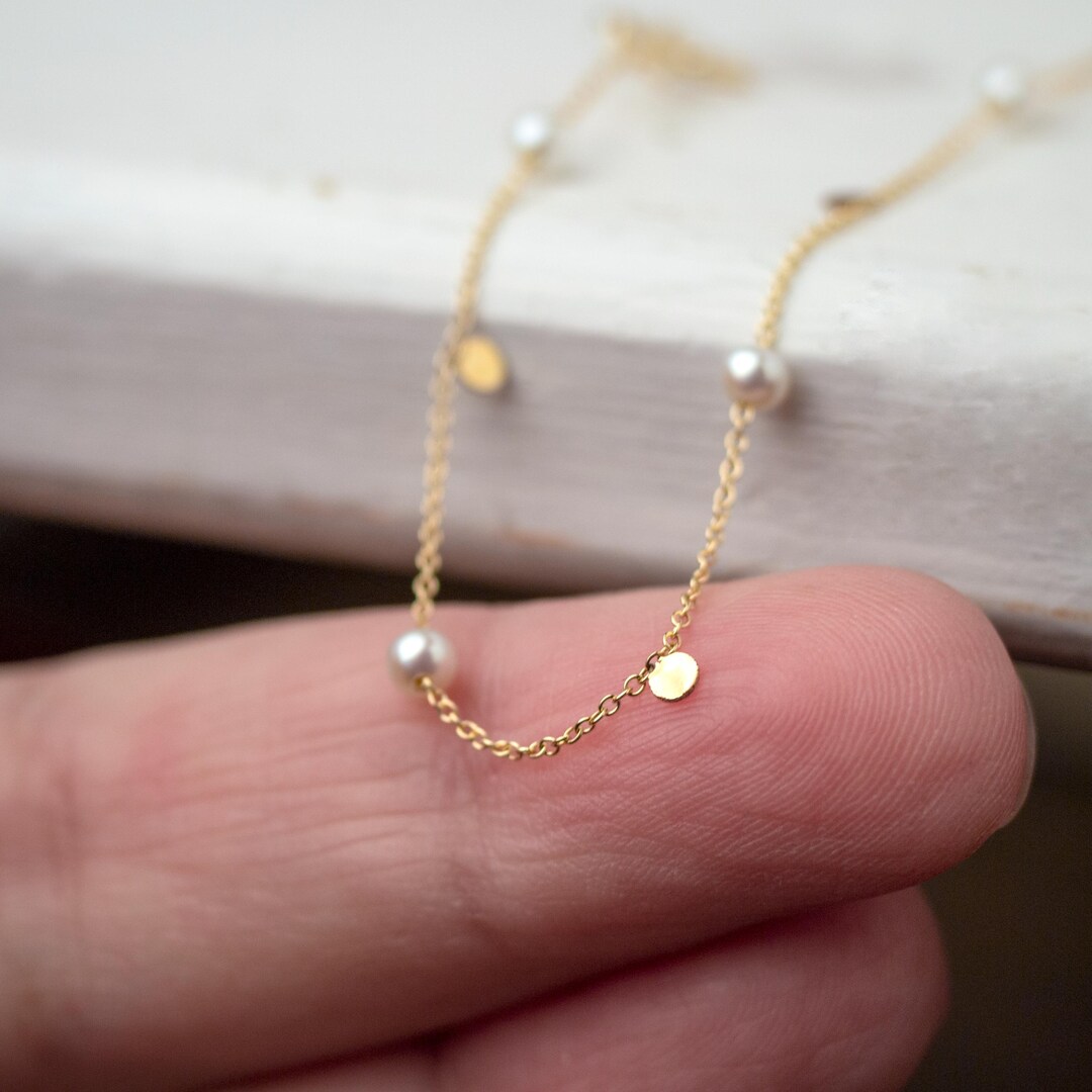 Tiny Disc and Pearl Necklace: Solid Gold Delicate Layering Necklace ...