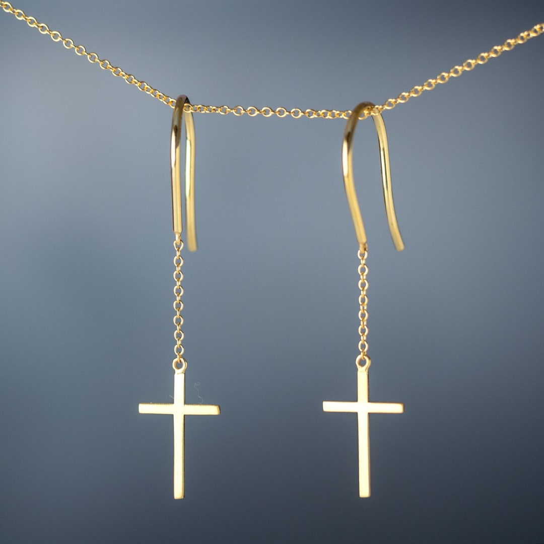 Dainty Earring With Cross / Solid Gold Single or Pair / Unisex Dangle ...