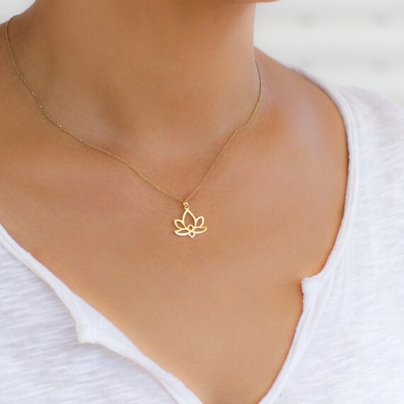 Lotus Necklace 14k Solid Gold, Flower Pendant, Tropical Lotus Necklace 14k Solid Gold, Flower Pendant, Tropical