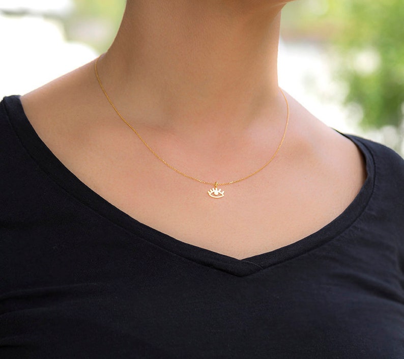 Solid Gold Evil Eye With Lashes Necklace / Minimal Good Luck Pendant ...