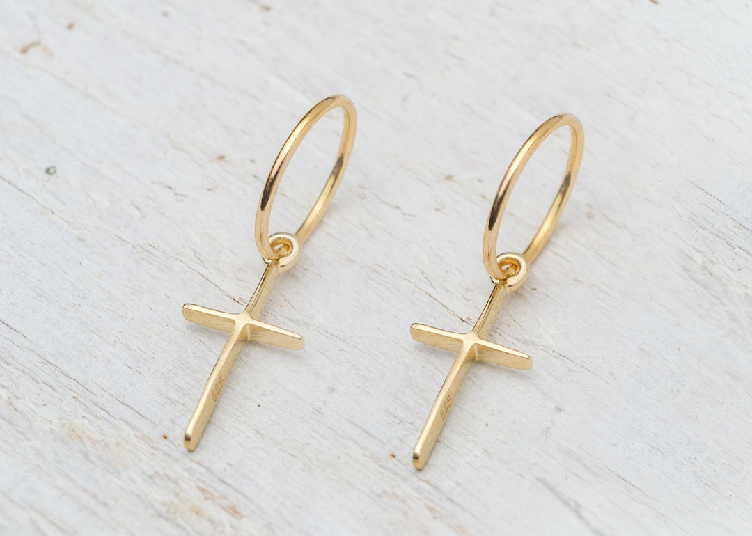 14k Solid Gold Hoop Earring With Cross: Unisex Dangle Earrings 246B-KR ...