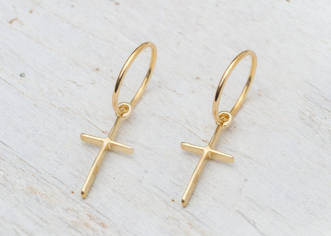 Hoop Earring With Cross in 14k / Solid Gold Single or Pair / - Etsy