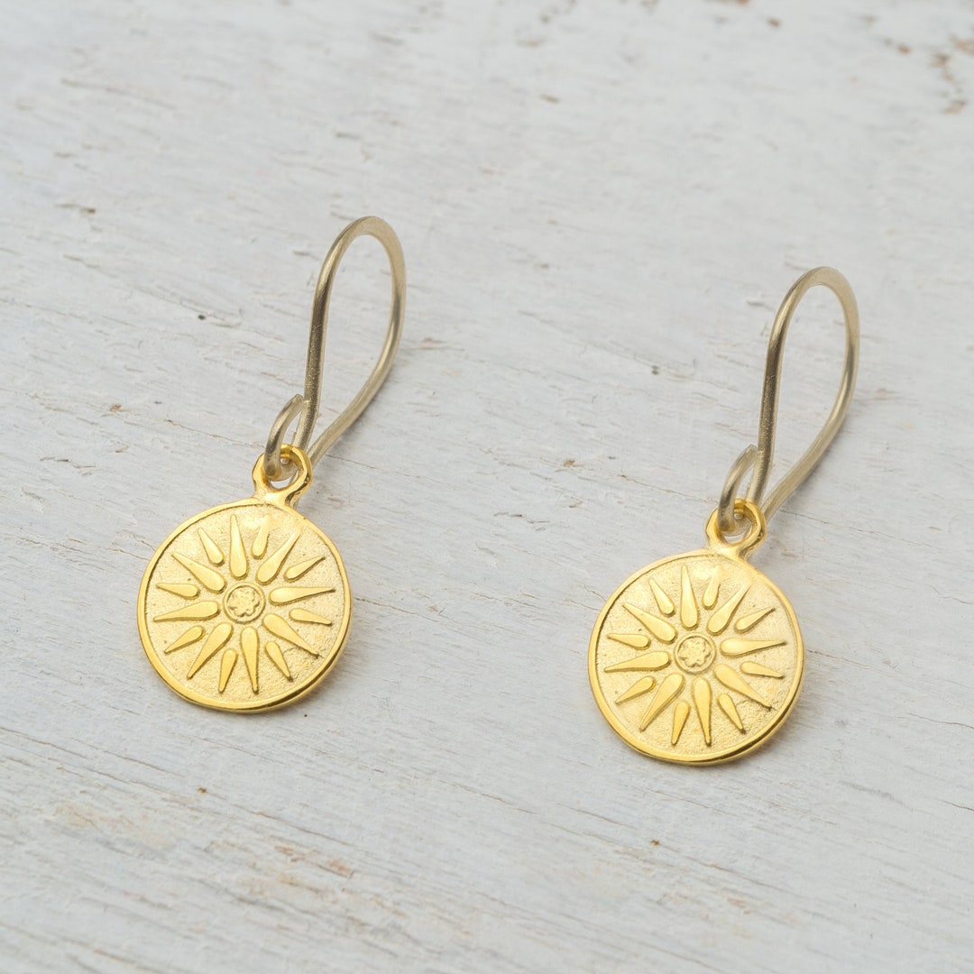 Solid Gold Sun Disc Earrings: Vergina Ancient Greek Jewelry, 9k 14k or ...